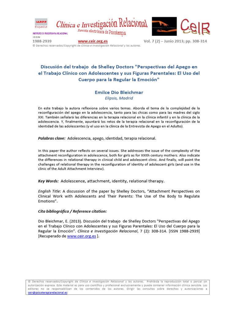 2013 06 - Dio-Bleichmar - Discusi N Del Trabajo de Shelley Doctors - CeIR - V7N2 | PDF | Teoría ...