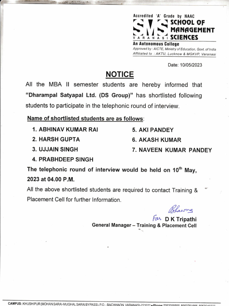 Dharampal Satyapal Ltd. (DS Group) - Summer Training - Interview - Notice | PDF