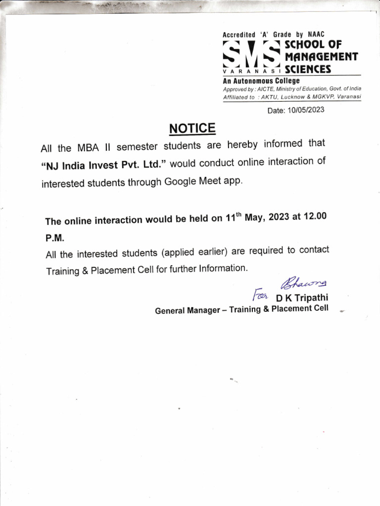 N J India - Summer Training - Interview - Notice | PDF