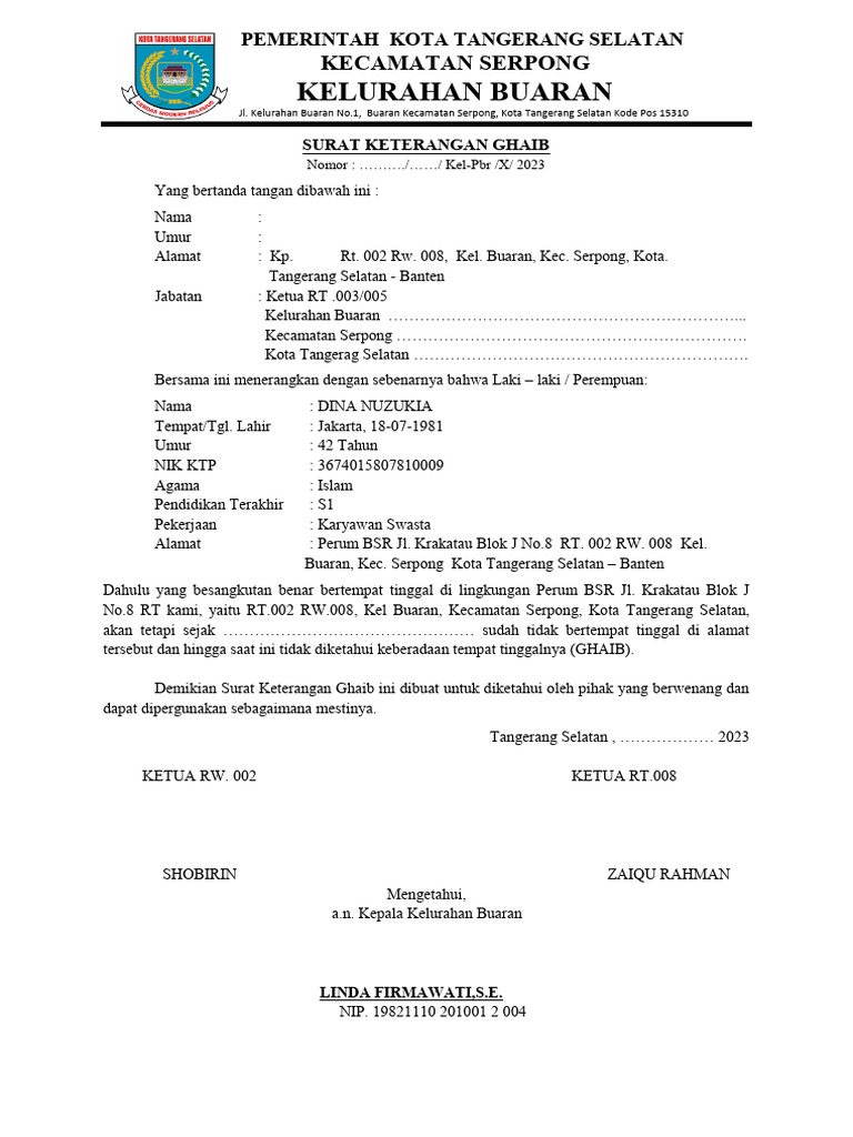 Surat Keterangan Ghaib Buaran Serpong | PDF