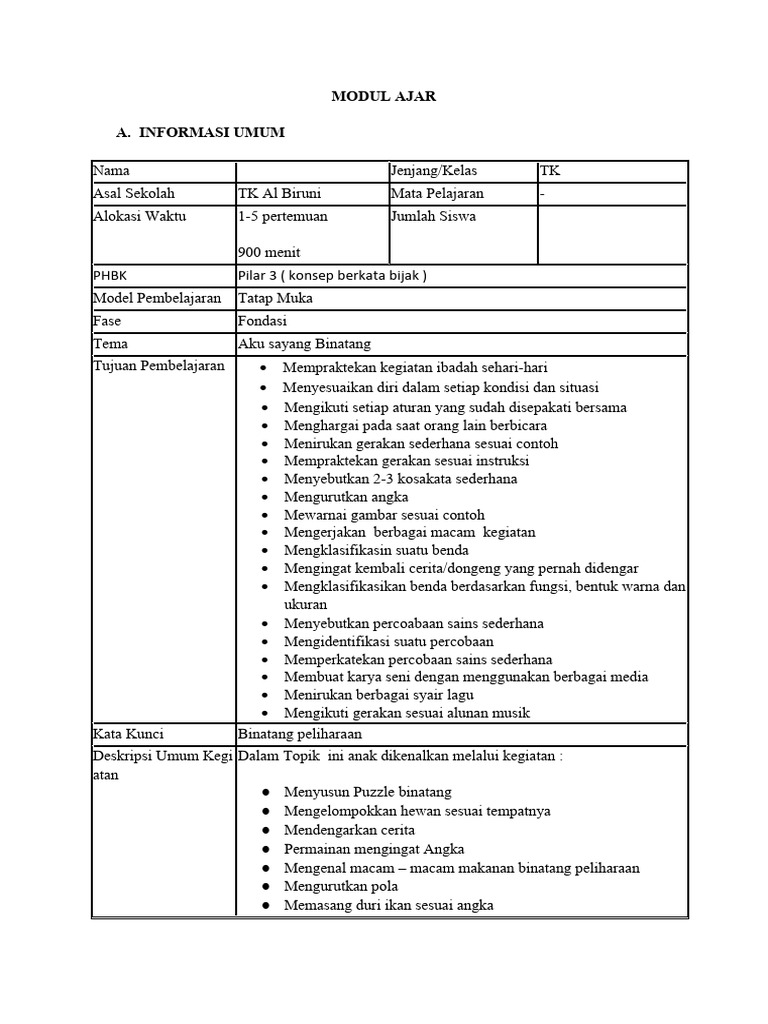 Modul Ajar Binatang Peliharaan TK | PDF