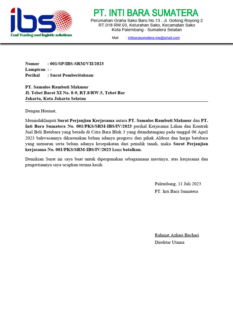 Surat Pemberitahuan Pembatalan Kerjasama | PDF
