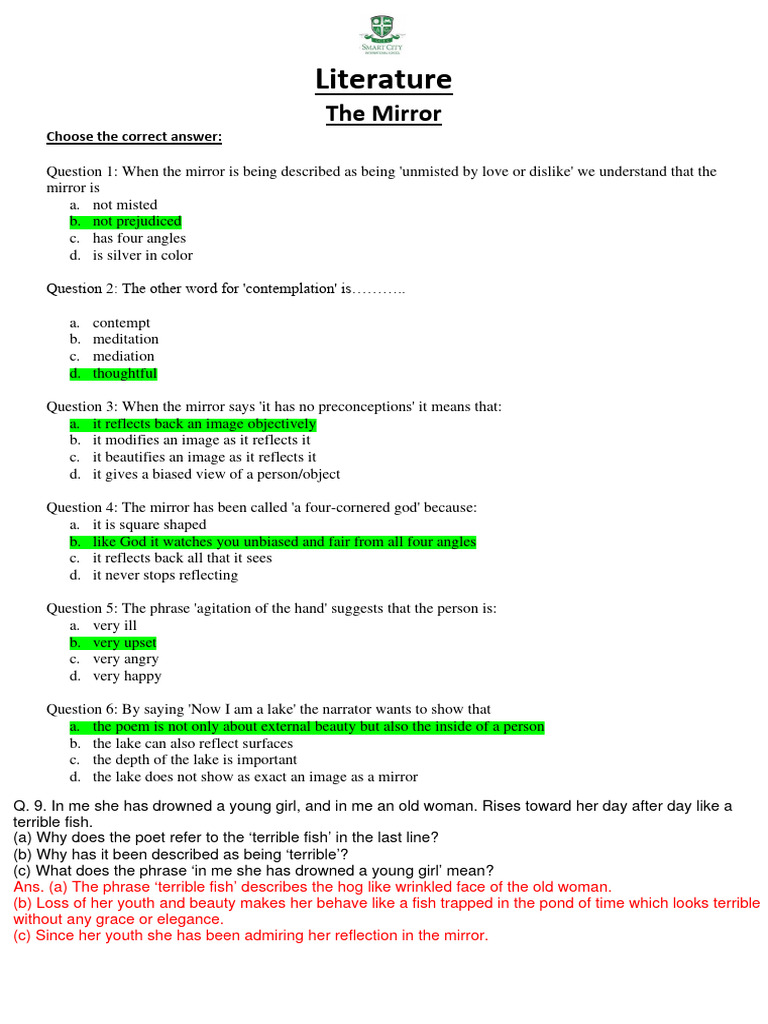 Q1 Review G10 - Questions 2023-2024 Literature Answers | PDF | Mirror