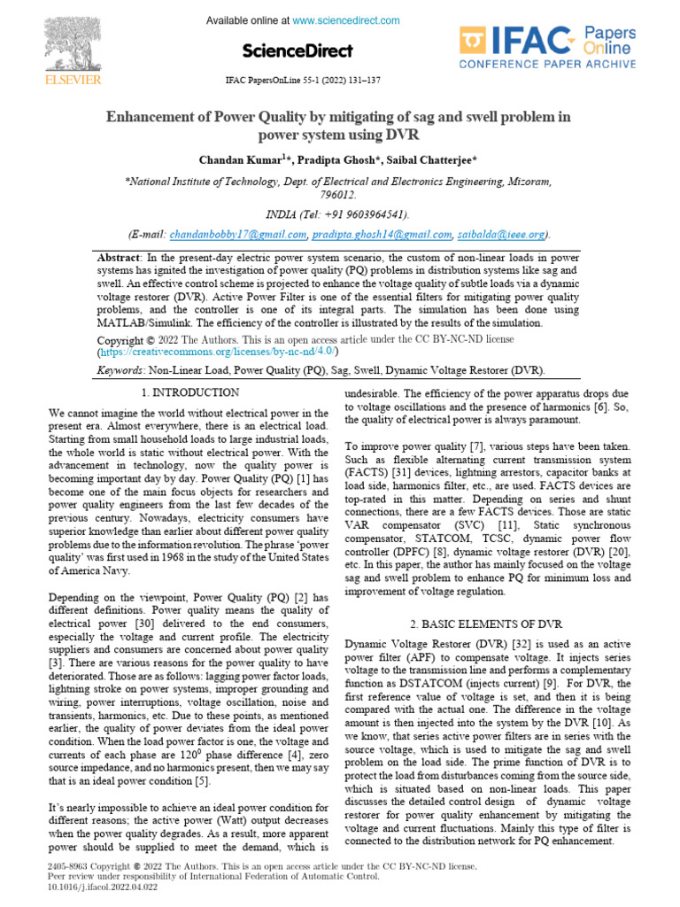 Enhancement of Power Quality by Mitigating of Sag and Swell Problem in ...