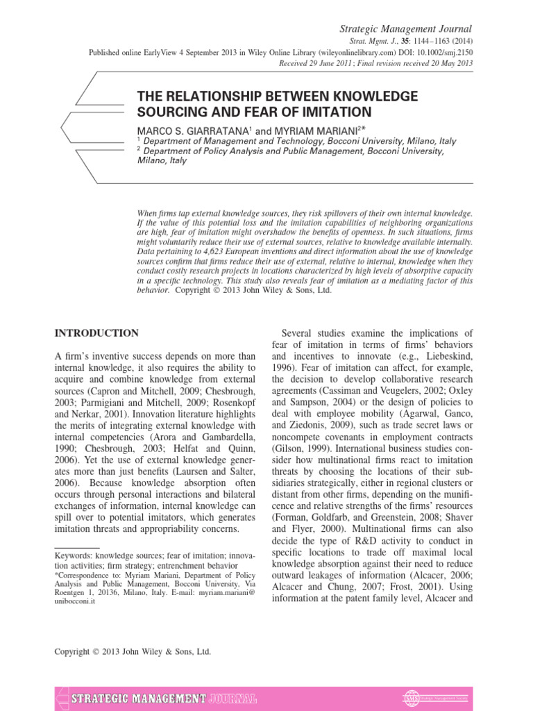 X The Relationship Between Knowledge Sourcing and Fear of Imitation (Strategic Management ...