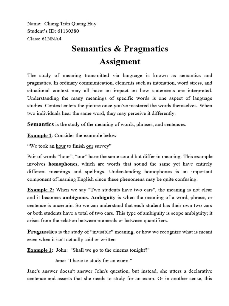 Kim Thoa - Assignment - Semantics&Pracmantics - 61NNA4 | PDF | Language Mechanics | Cognitive ...