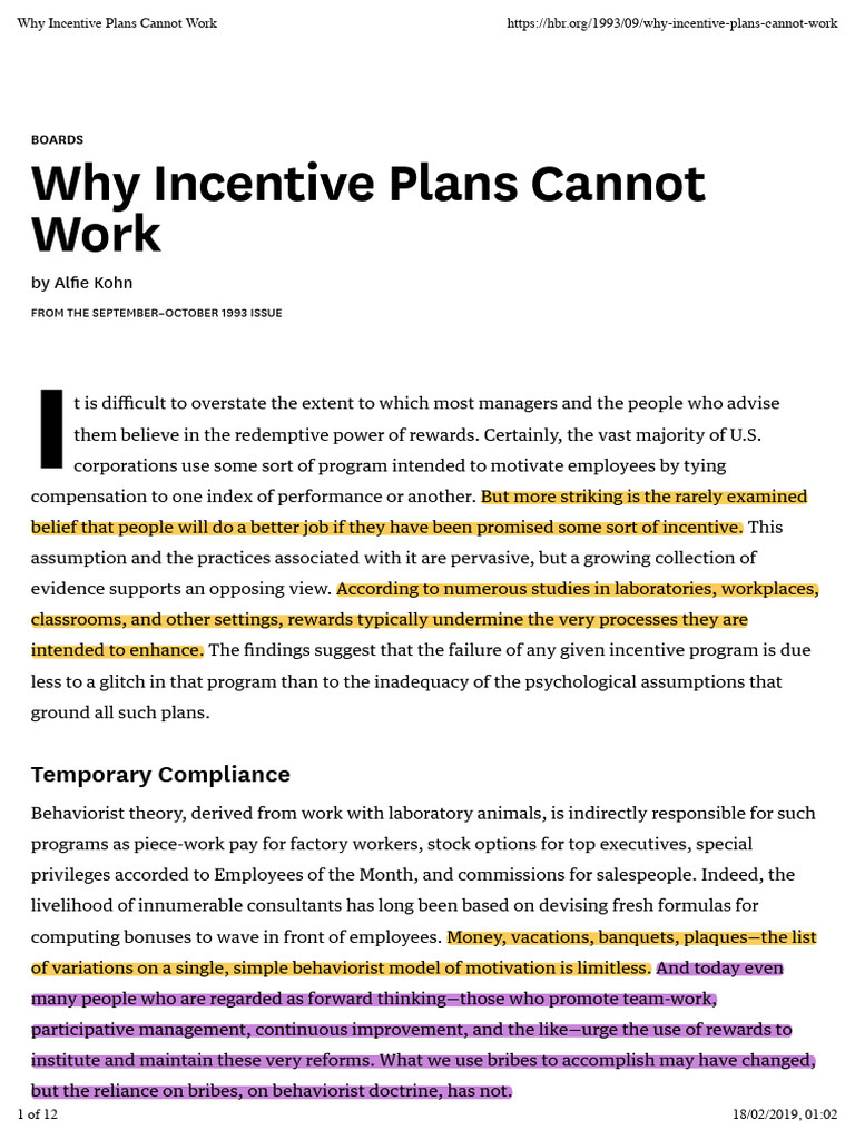 Why Incentive Plans Cannot Work - Alfie Kohn-3 | PDF | Motivational ...