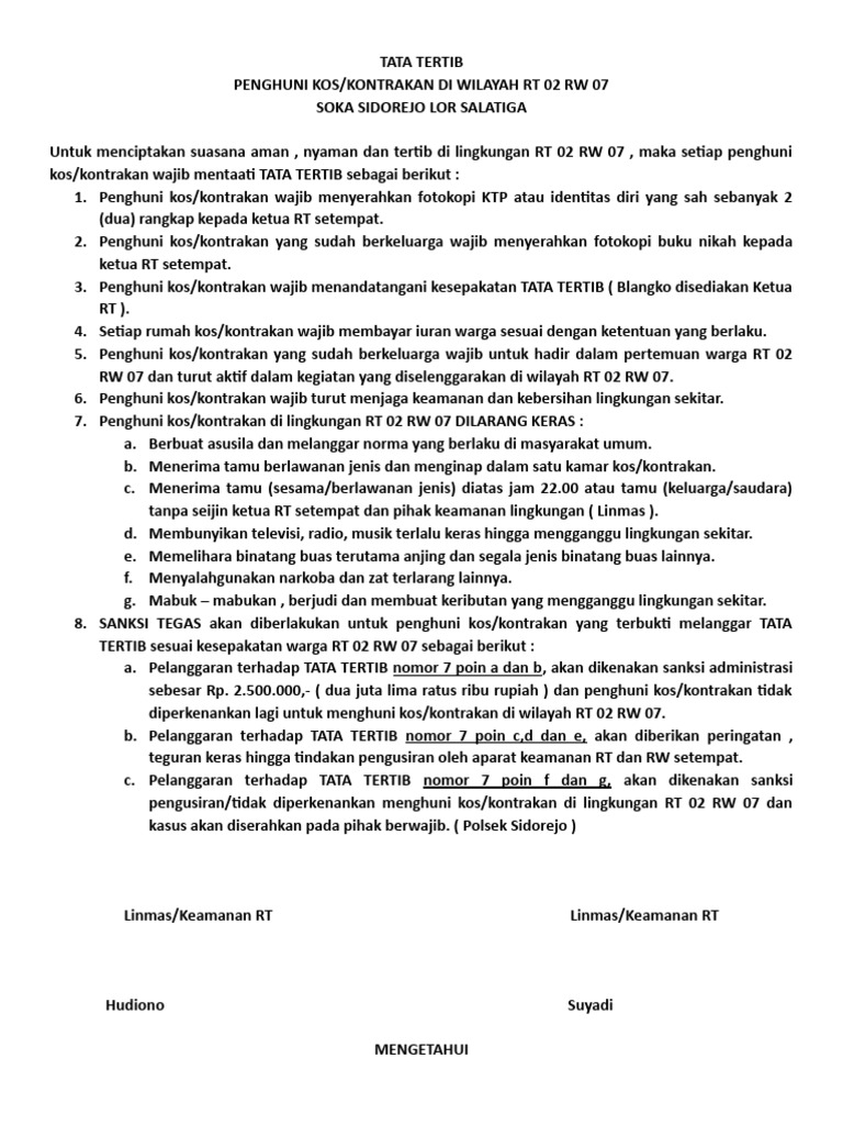 Aturan Penghuni Kos RT 02 RW 07 | PDF