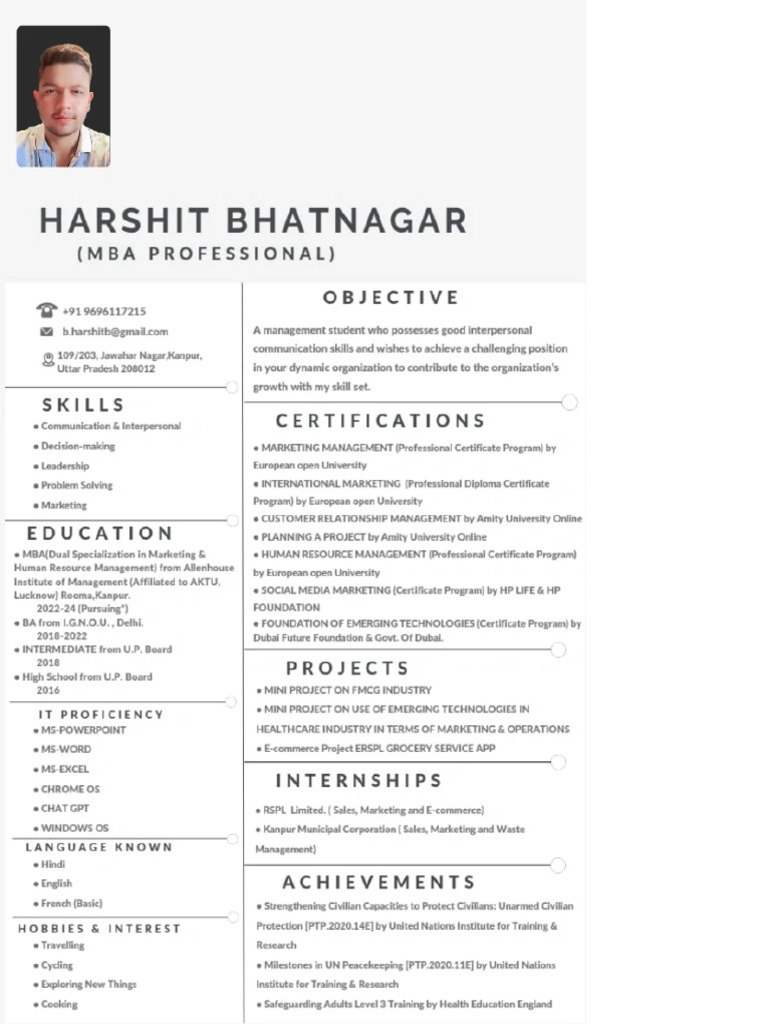 Harshit Bhatnagar Resume With Photo | PDF