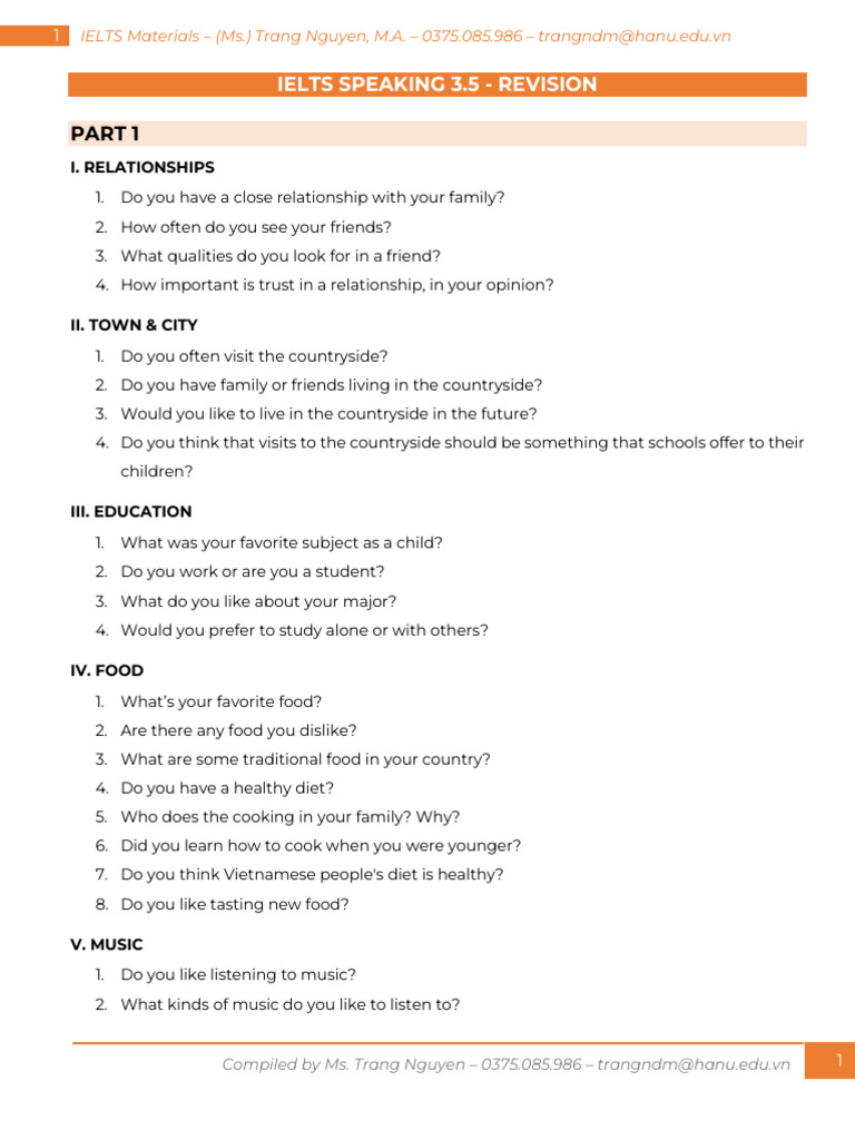 IELTS 3.5 - Speaking Final (Revision) | PDF