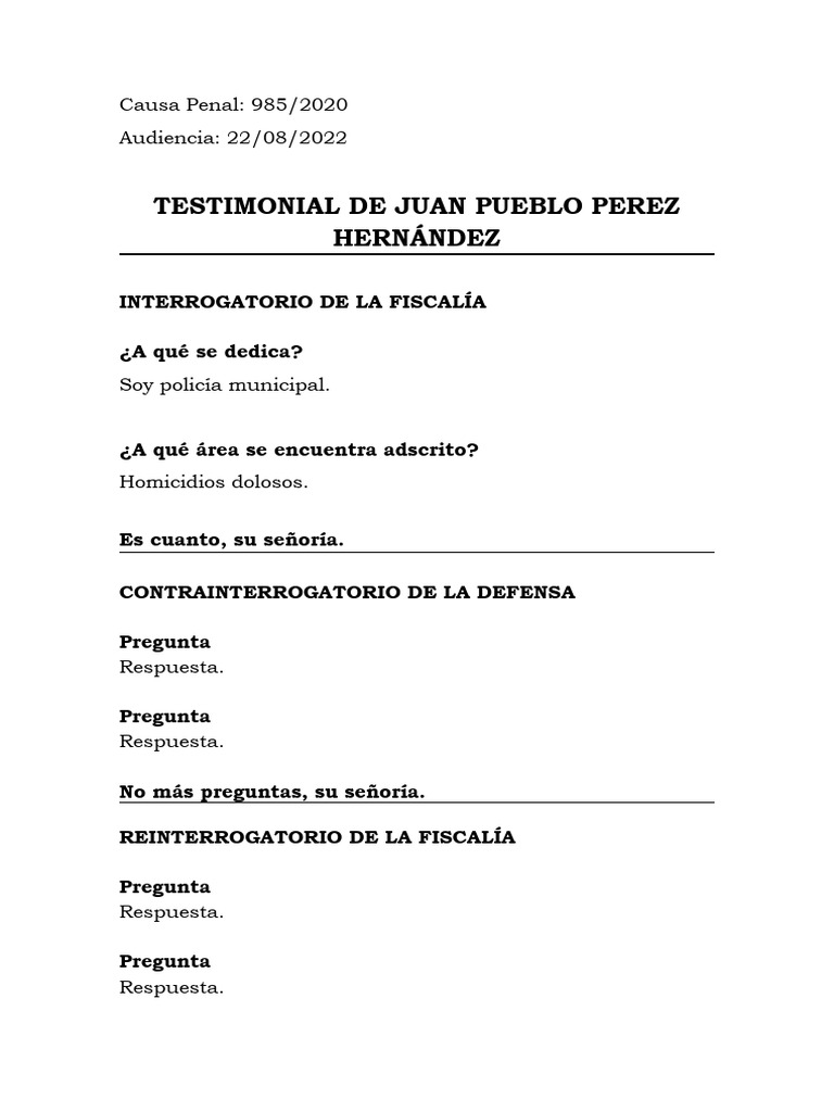 Formato de Testimonial | Descargar gratis PDF | Testigo | Justicia