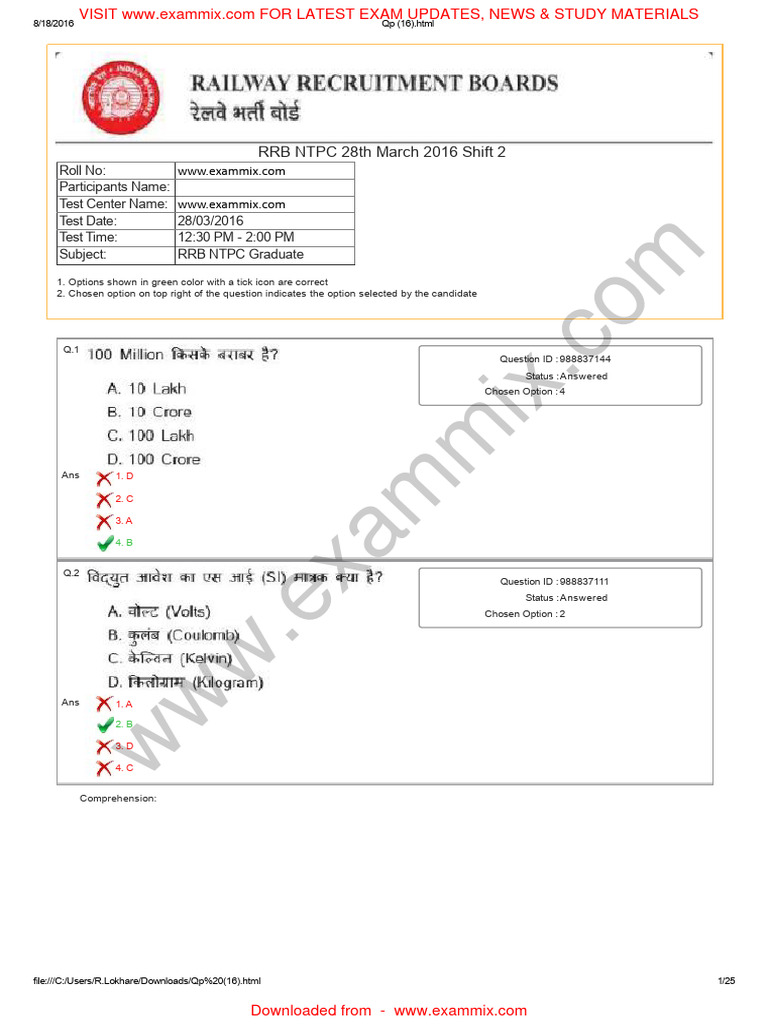 RRB NTPC CBT 1 Railway Exam Question Paper 28th March All Shift | PDF