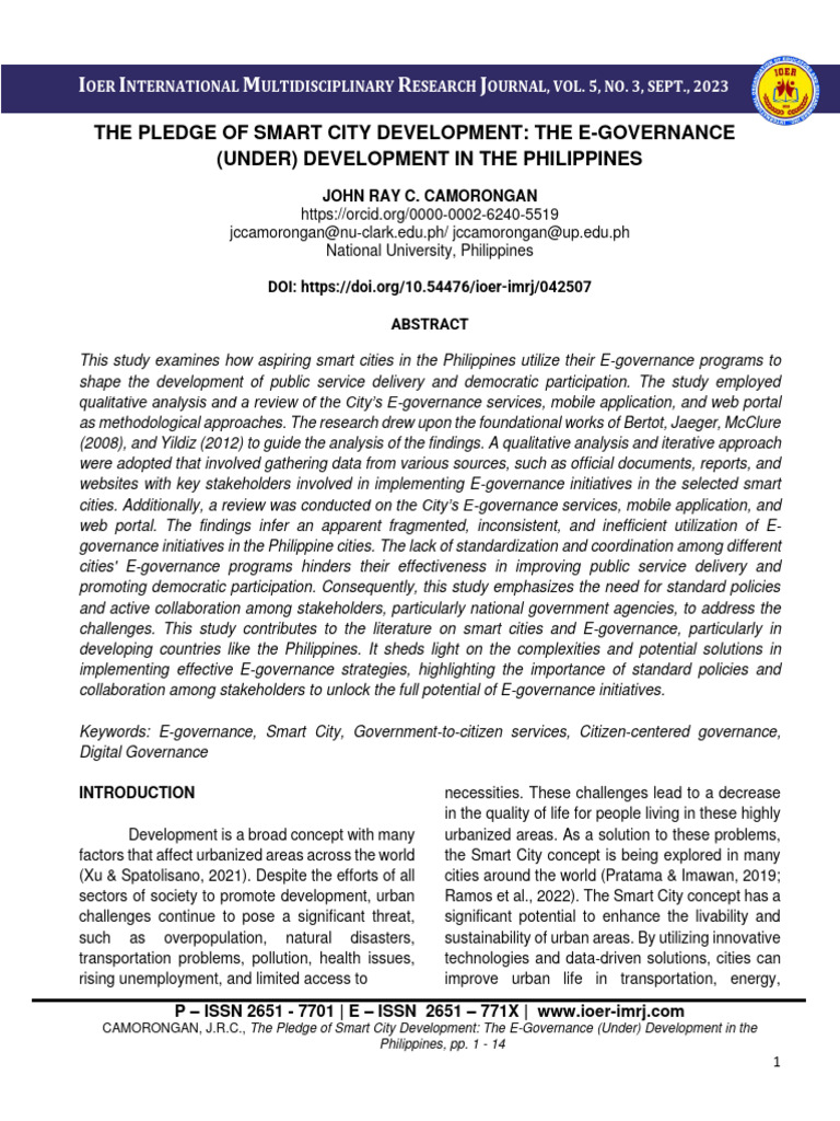 The Pledge of Smart City Development The E-Governance (Under ...