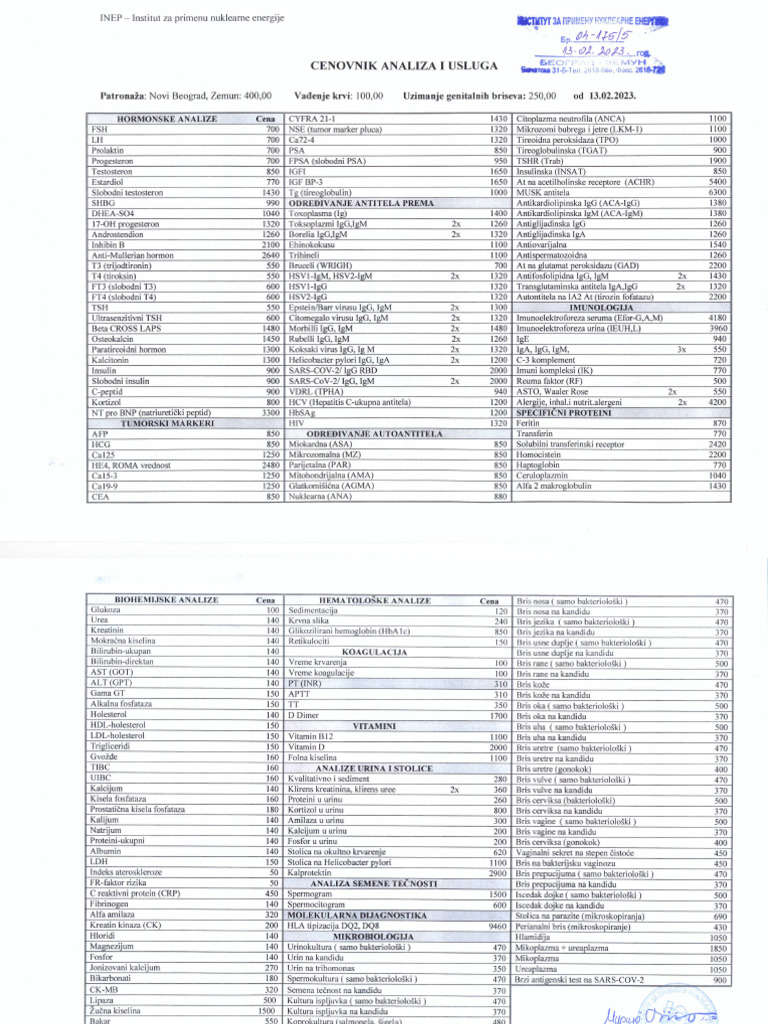 Cenovnik Zdravlje | PDF