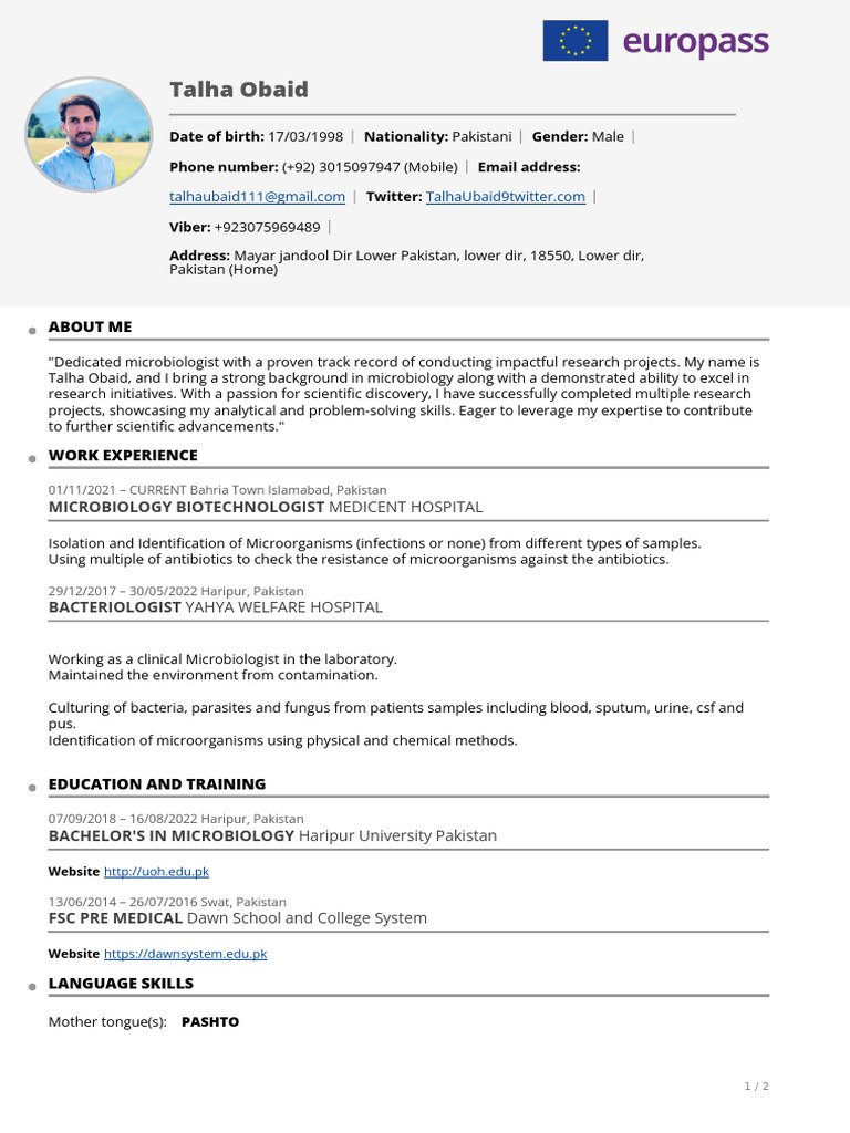 Europass CV - Talha Obaid | Download Free PDF | Antimicrobial Resistance | Microbiota