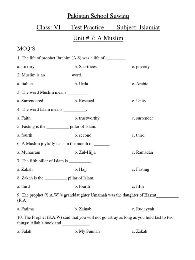 Grade V Unit # 7 Practice | PDF | Muhammad | Islamic Fundamentalism