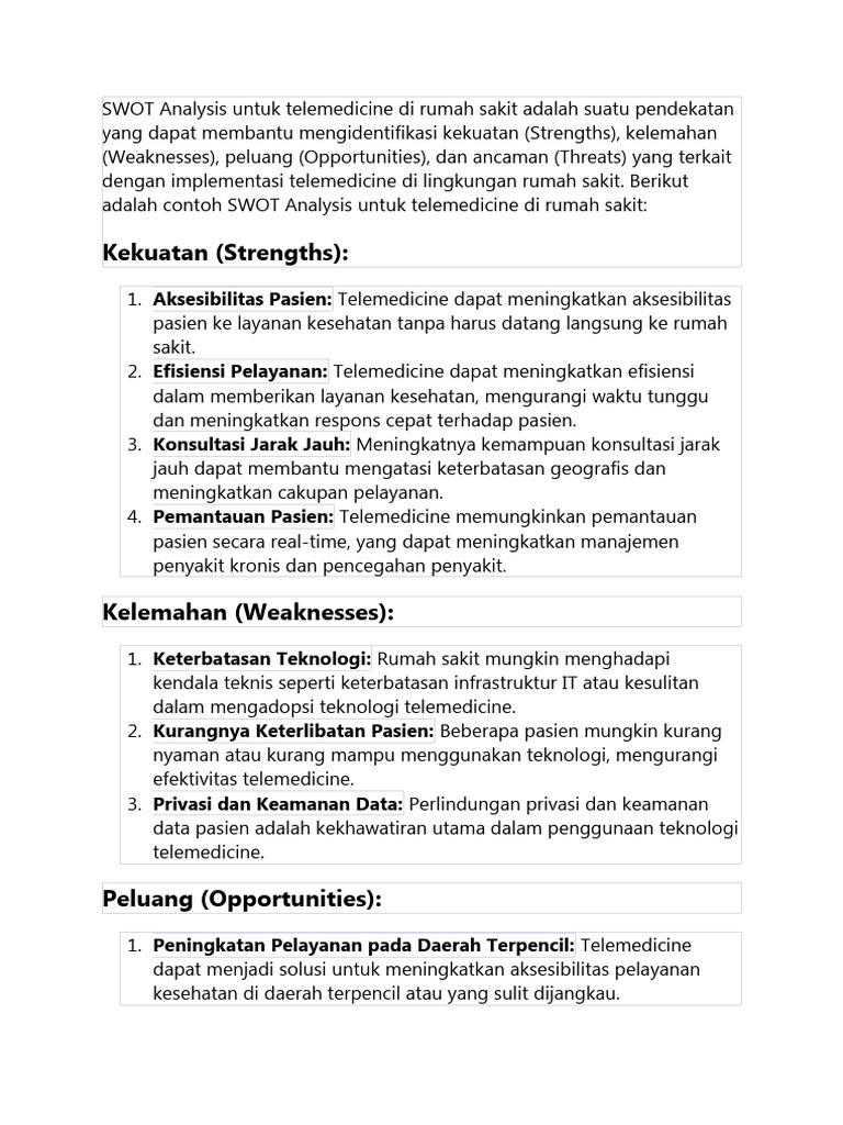 SWOT Analysis Untuk Telemedicine Di Rumah Sakit Adalah Suatu Pendekatan ...