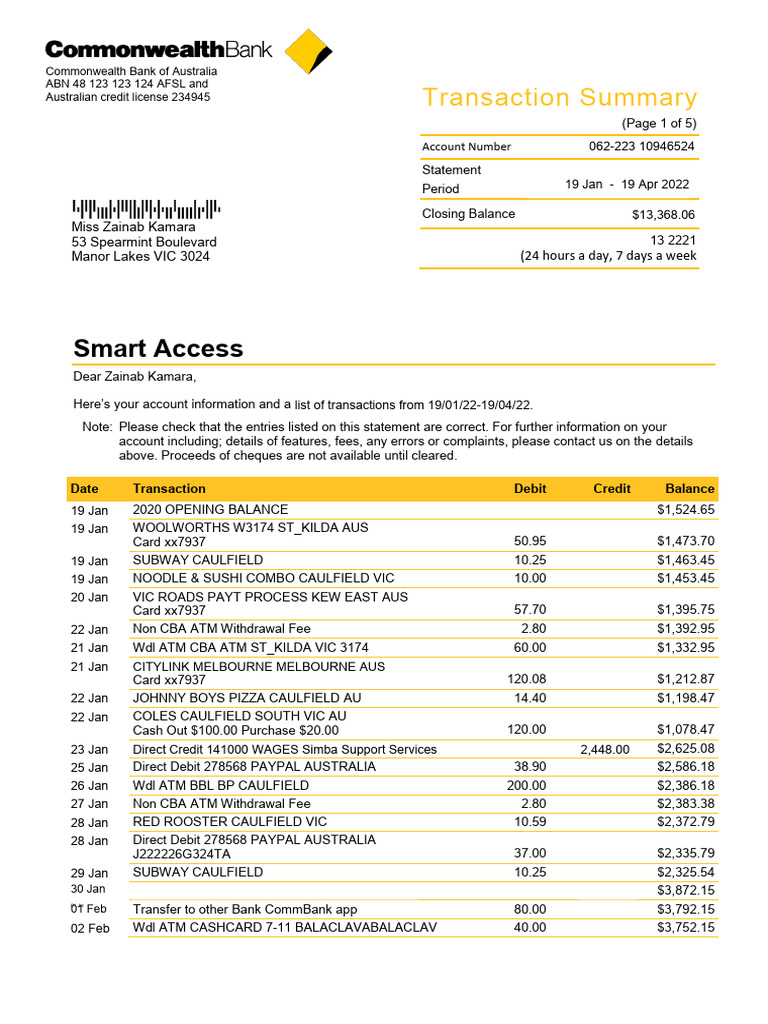 Commonwealth Bank Statement | PDF | Debit Card | Automated Teller Machine