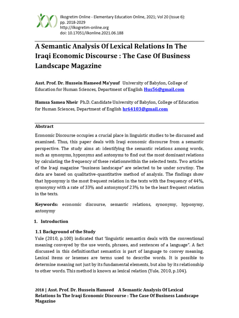 A Semantic Analysis of Lexical Relations in The Iraqi Economic Discourse: The Case of Business ...