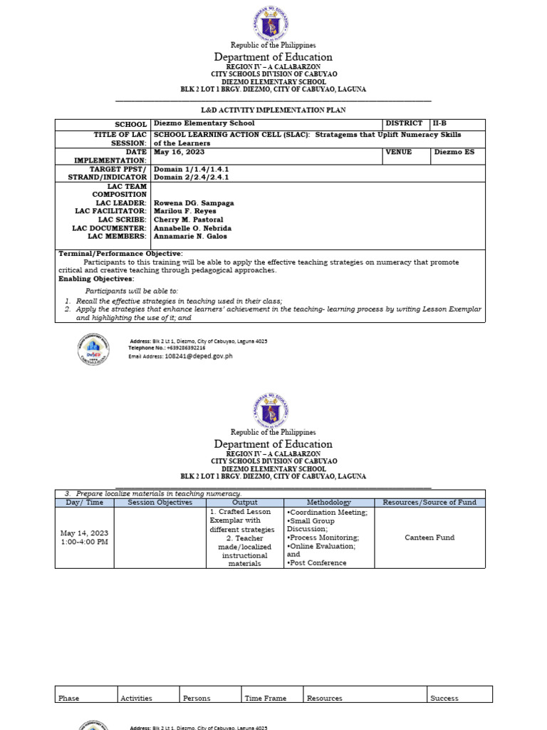 MAY 16-SLAC ACTIVITY IMPLEMENTATION PLAN-Stratagems That Uplift Numeracy Skills | PDF | Pedagogy ...