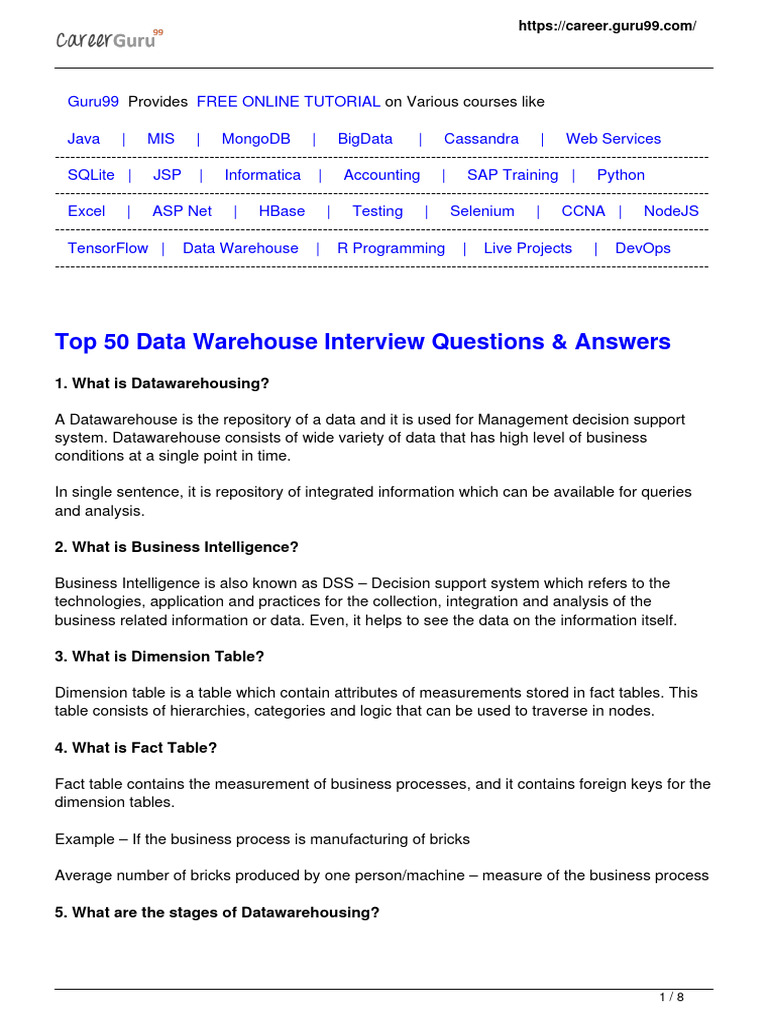 Top 50 Datawarehousing Questions Answers | PDF | Data Warehouse | Databases