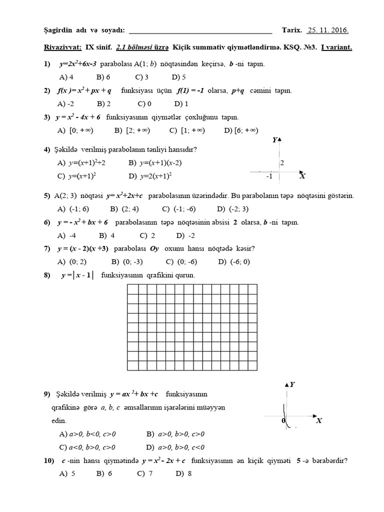 9 S. Riyaziyyat. KSQ. 3. 2.1 Bölməsi Üzrə. I II Variant. FƏRMAN VƏLİYEV | PDF