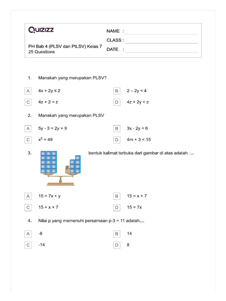 PH Bab 4 (PLSV Dan PTLSV) Kelas 7 | PDF