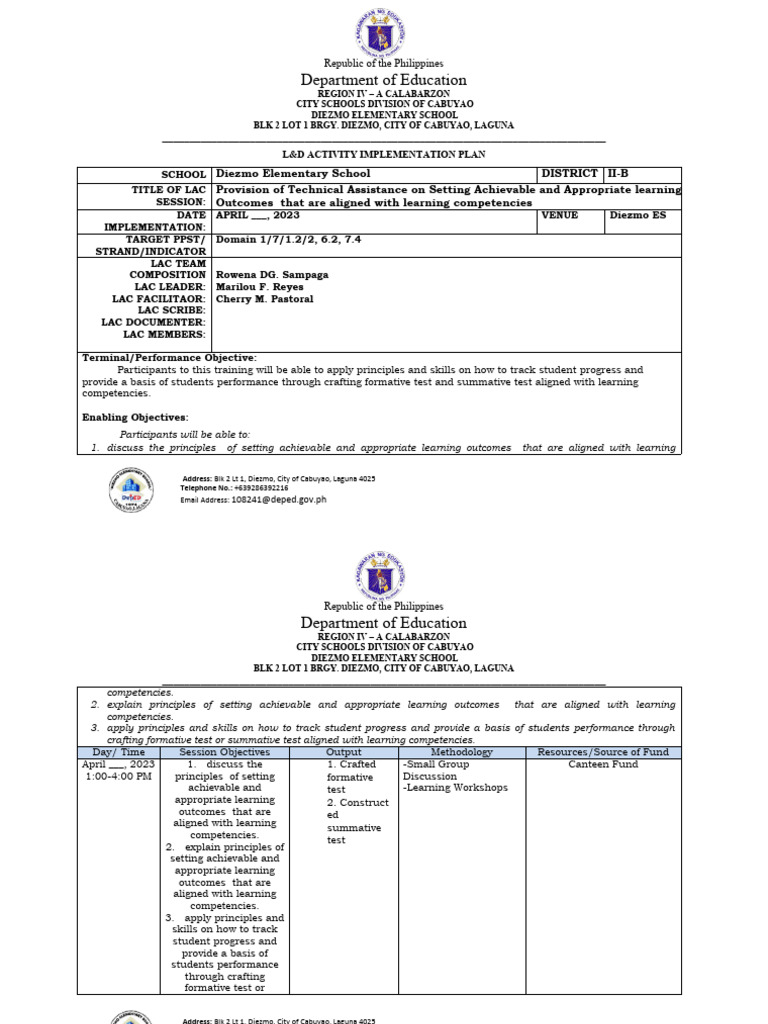 SLAC ACTIVITY IMPLEMENTATION PLAN-Provision of Technical Assistance | PDF | Behavior ...