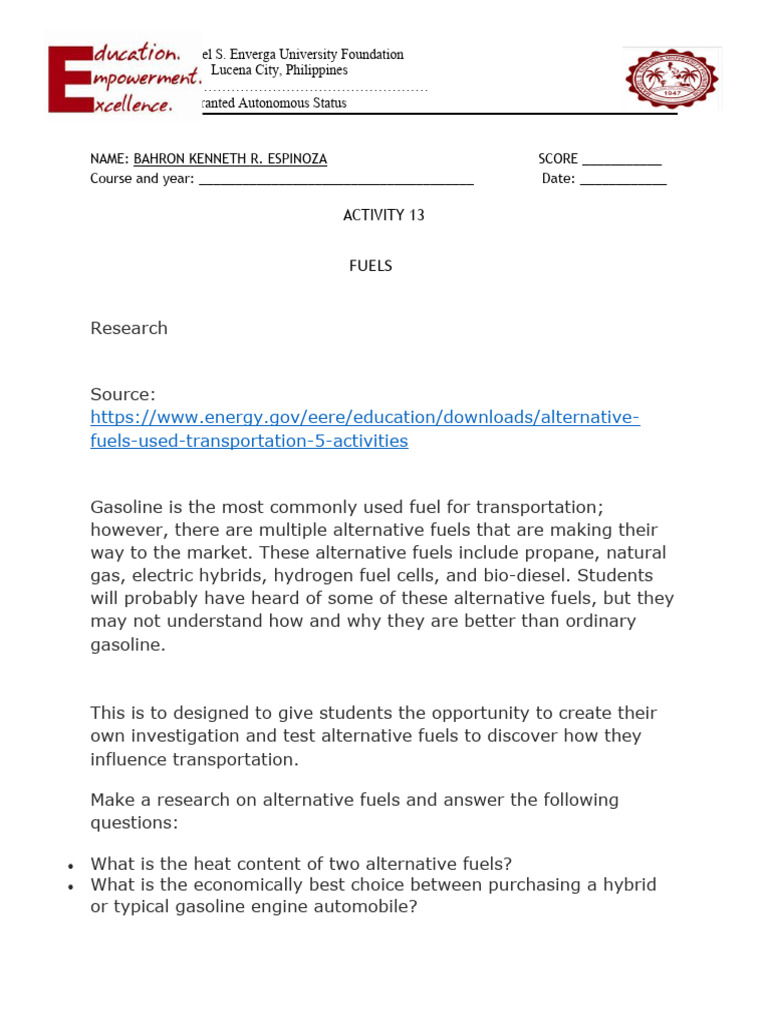 CHM113 ACTIVITY 13 Fuels | PDF | Fuel Economy In Automobiles | Hybrid ...