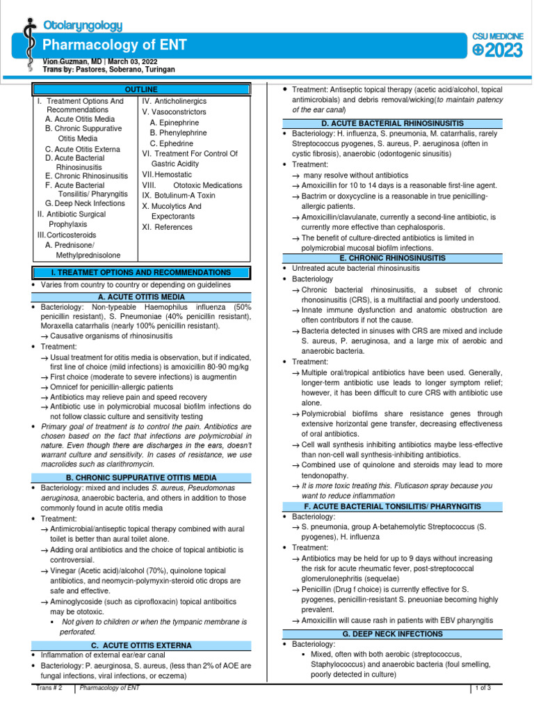 2023.ENT - Trans02.pharmacology of ENT | PDF | Gastroesophageal Reflux Disease | Pseudomonas ...