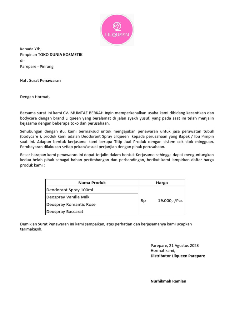 Surat Penawaran | PDF | Bisnis | Kesehatan Holistik