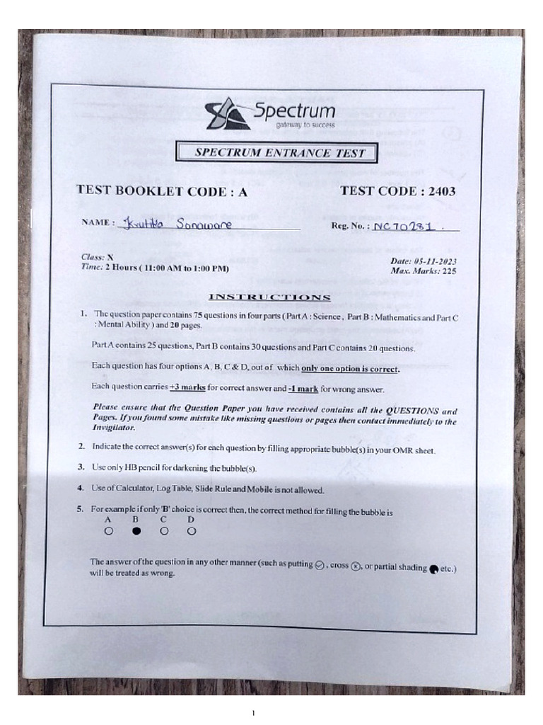 Spectrum Entrance Paper 2023 Std10th | PDF