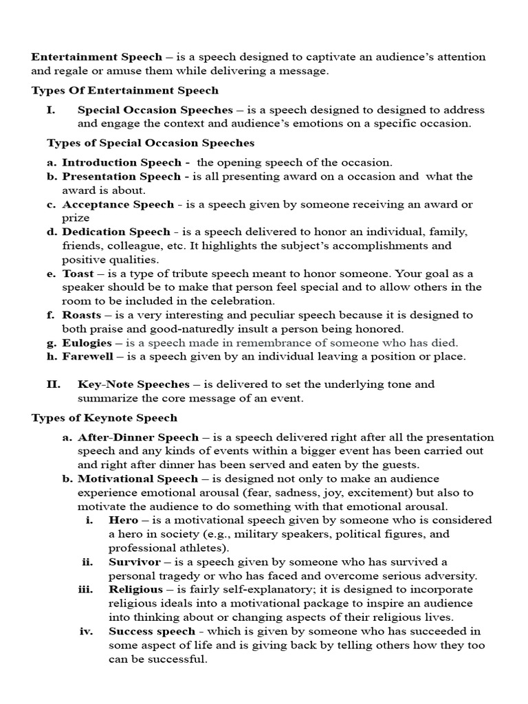 Types of Entertainment Speeches | PDF | Psychological Concepts | Emotions