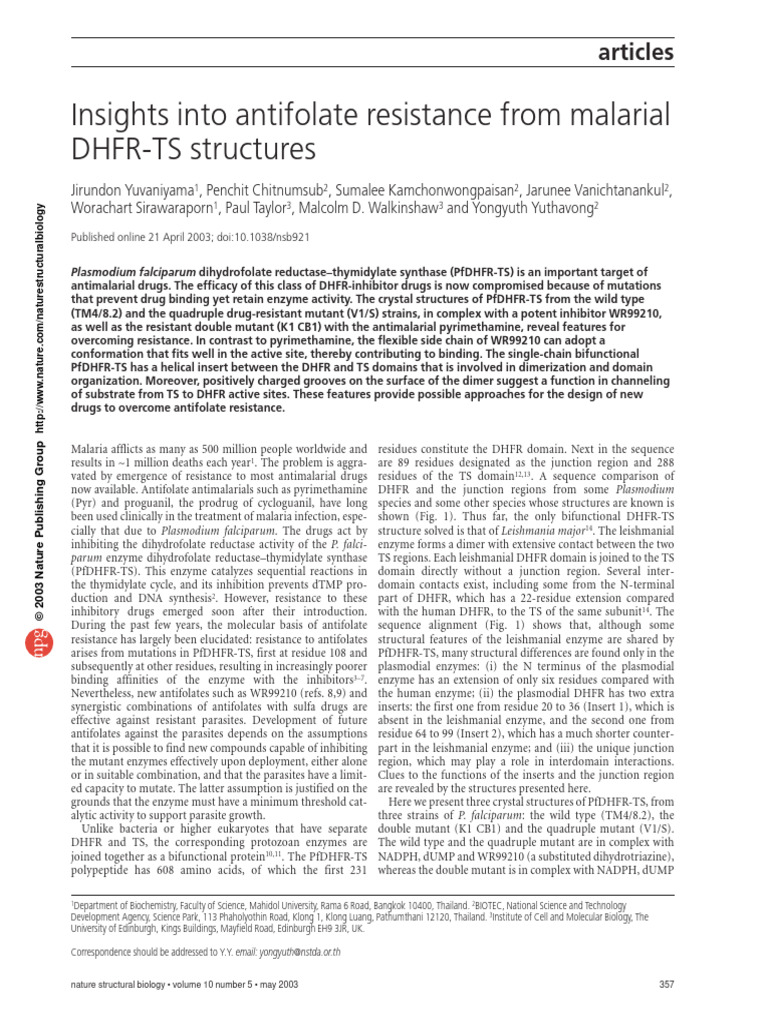 Insights Into Antifolate Resistance From Malarial DHFR-TS Structures ...