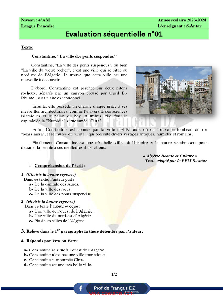 Dzexams 4am Francais 411419 | PDF | Algérie | Linguistique