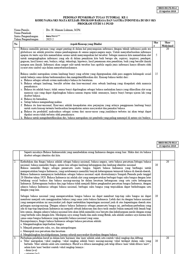 8 Pedoman Penskoran Tugas Tutorial | PDF