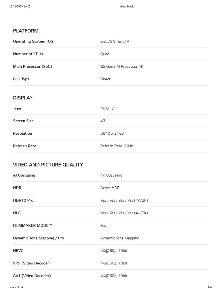 Datasheet LG 43 Pouces | PDF | Hdmi | Codec