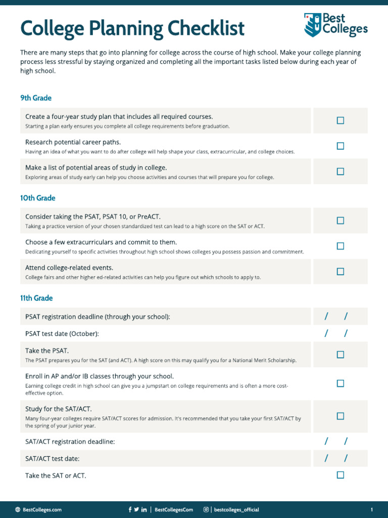 BestColleges College Planning Checklist | PDF | Sat | Act (Test)