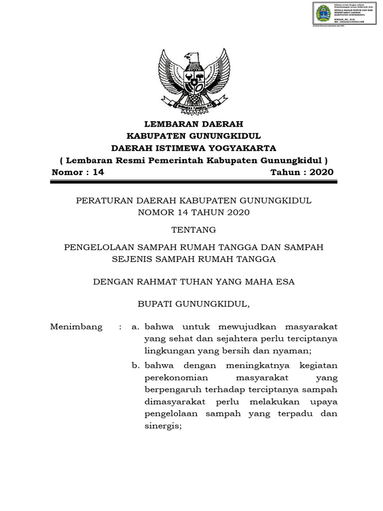 Perda Kab. Gunungkidul No 14 Tahun 2020 TTG Pengelolaan Sampah Rumah Tangga Dan Sampah Sejenis ...