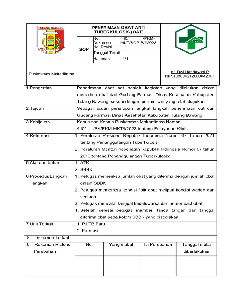 SOP Penerimaan Obat Anti Tuberkulosis | PDF