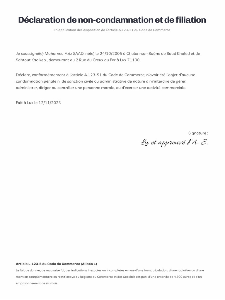 Attestation de Non Filiation Signée | PDF