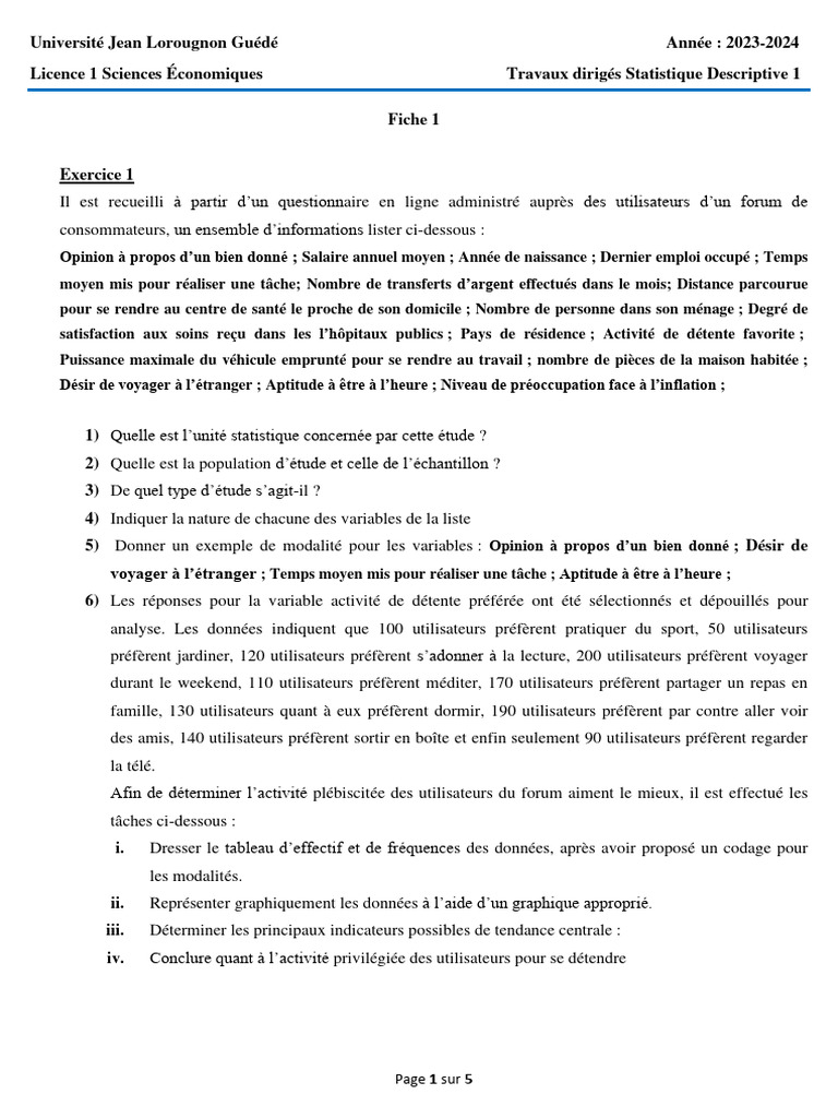 Fiches TD Stat1 | PDF | Loi de probabilité | Statistiques