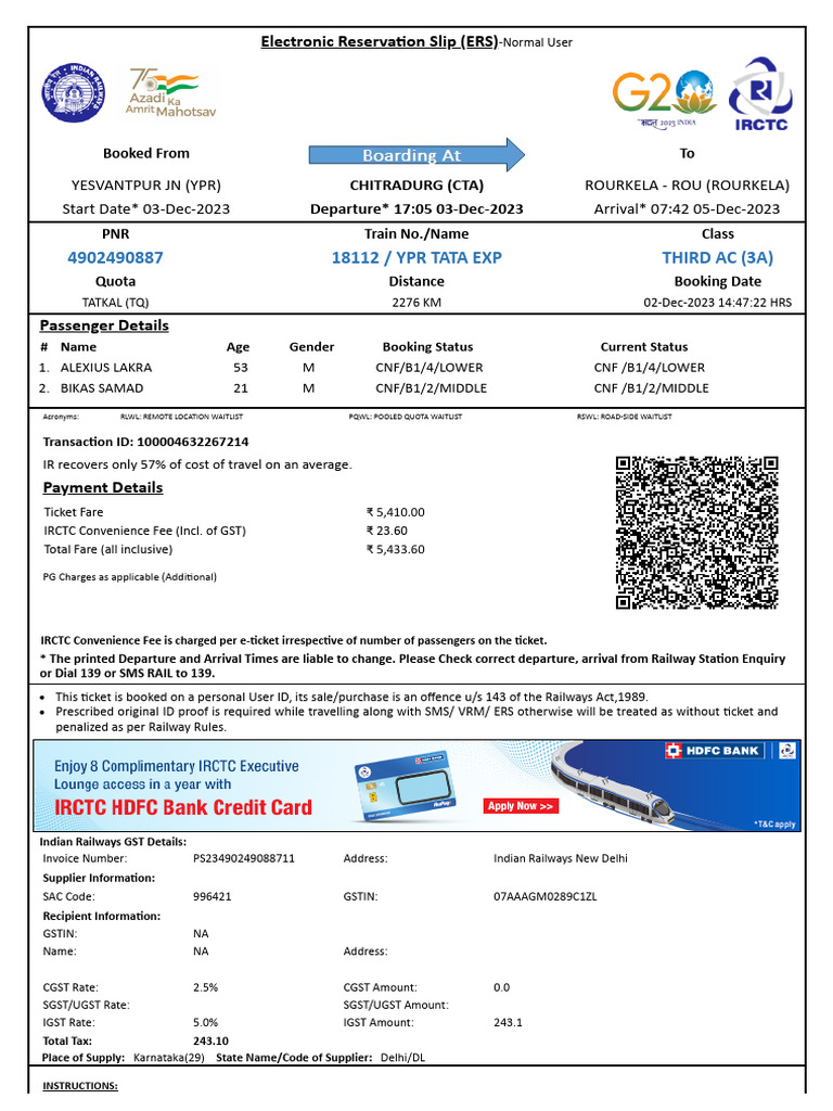 Ypr Tata Exp Third Ac (3A) | PDF | Service Industries | Transport