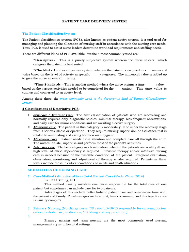 Overview of Nursing Care Delivery Models | PDF | Nursing | Hospital