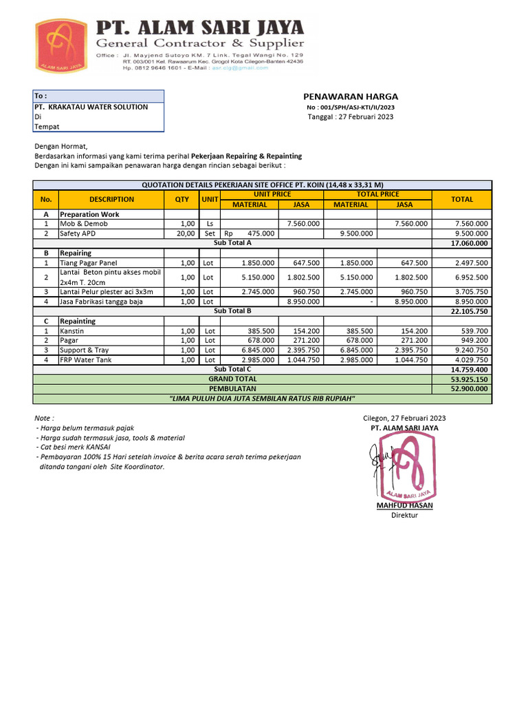 Penawaranharga Repairing & Repainting Asj-Kws | PDF