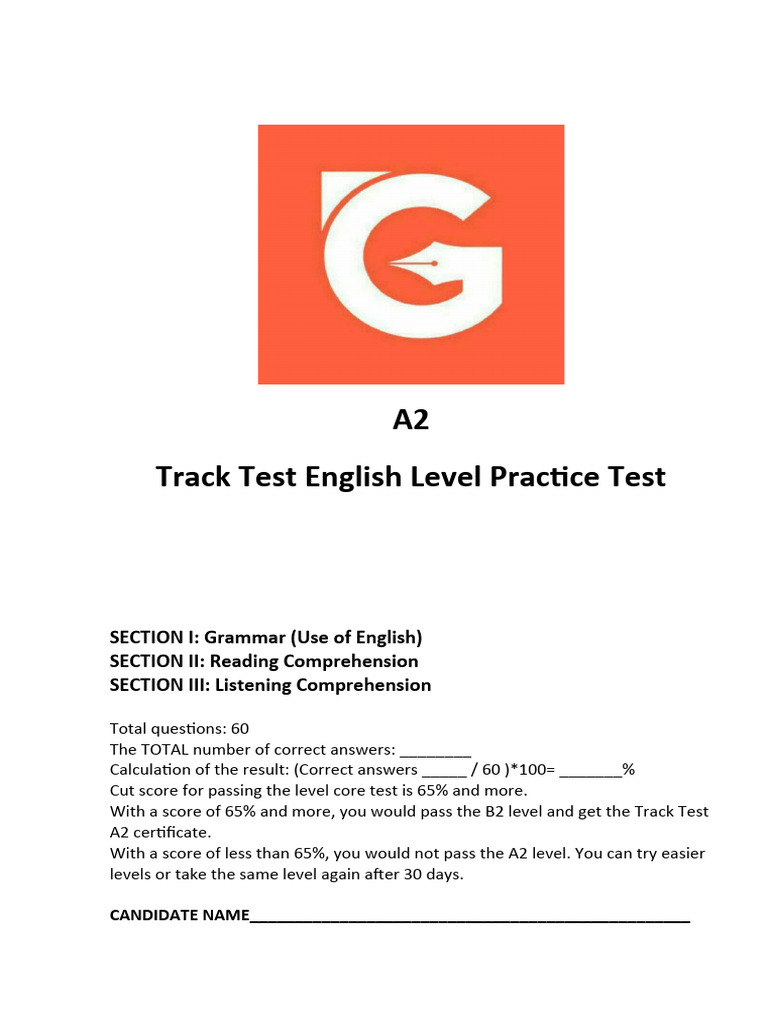 A2 English Level Practice Test | PDF | Qualifications | Standardized Tests