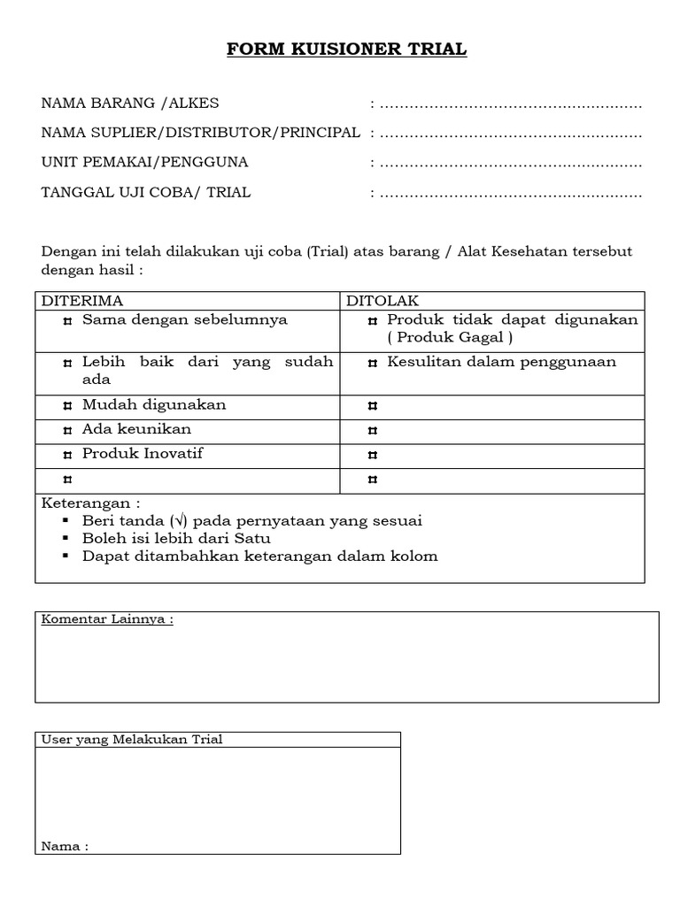 Form Kuesioner Uji Coba Produk | PDF | Karier & Perkembangan | Bisnis