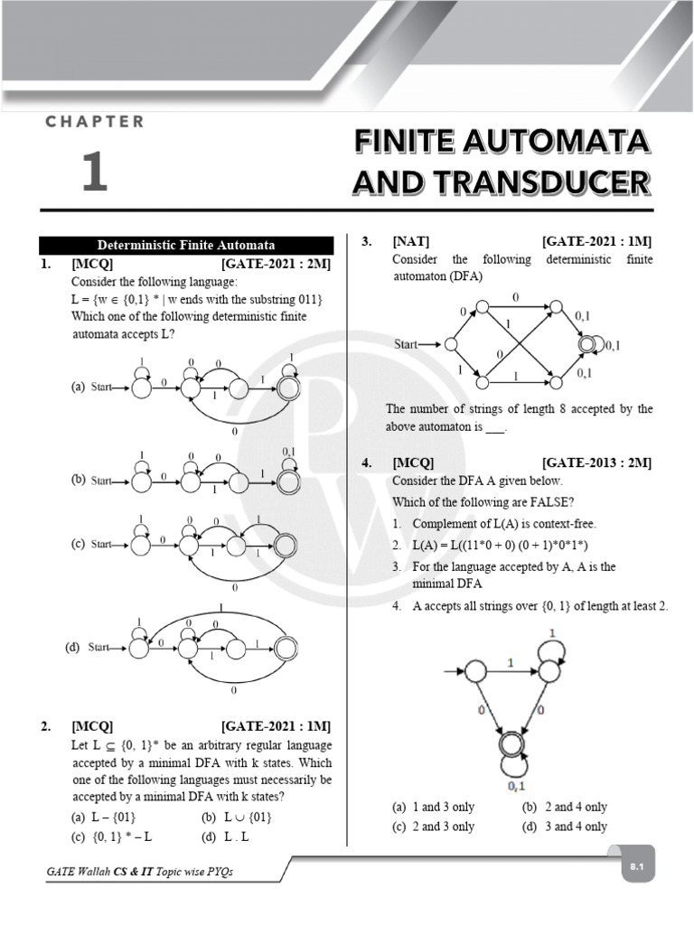 Deterministic Finite Automata: 1. (MCQ) (GATE-2021: 2M) 3. (NAT) (GATE-2021: 1M) | PDF | Theory ...
