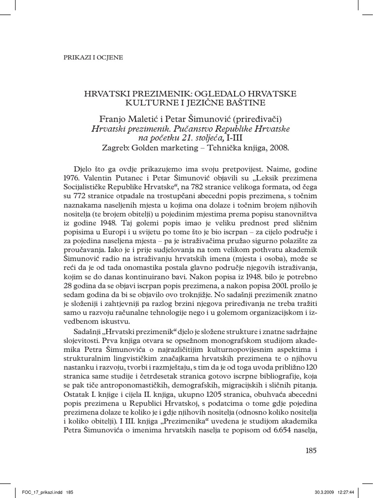 Hrvatski Prezimenik Ogledalo Hrvatske Kulturne I J | PDF