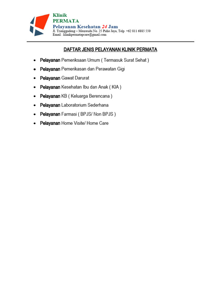 Daftar Jenis Pelayanan Klinik Permata | PDF